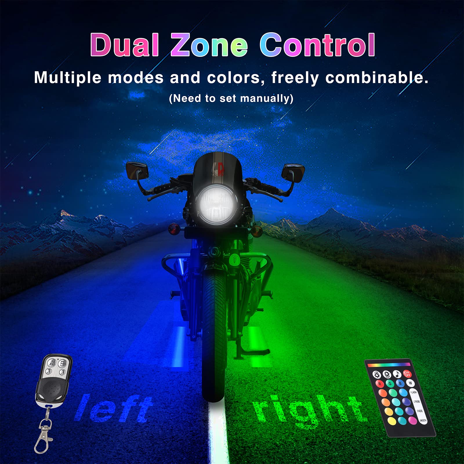 LD DARKEAGLE 20PCS Motorcycle LED Light Kit with Brake Light Turn Signal Dual Zone, Motorcycle Underglow Lights with APP/RF Remote, RGB Neon Strips MultiColor Waterproof for Harley Honda Kawasaki Golf