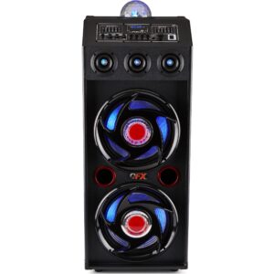 qfx sbx-412207bt tws bluetooth cabinet speaker with dual 12" woofers, led party lights, fm radio, usb/tf card ports, aux input, red