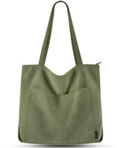 prite corduroy tote bag for women large shoulder bag with zipper and pockets for college work travel shopping(green)