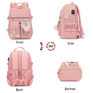 Makukke School Backpack for Girls, School Bag Kids Elementary College Backpacks Bookbags for Teen Girls Women Students Travel Daypack, Pink Backpack