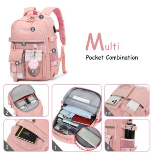 Makukke School Backpack for Girls, School Bag Kids Elementary College Backpacks Bookbags for Teen Girls Women Students Travel Daypack, Pink Backpack