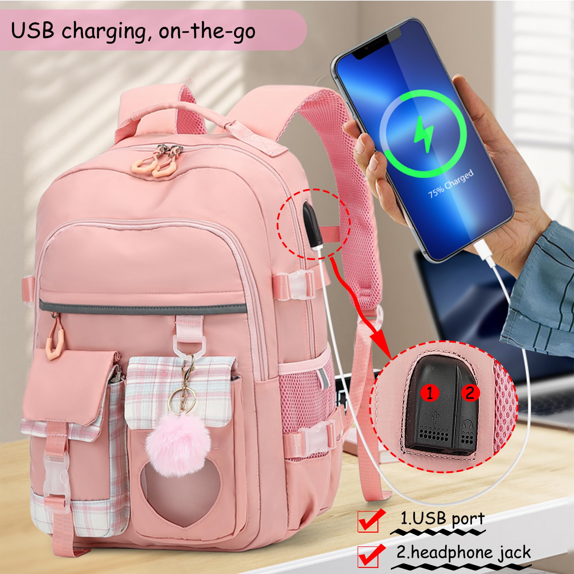 Makukke School Backpack for Girls, School Bag Kids Elementary College Backpacks Bookbags for Teen Girls Women Students Travel Daypack, Pink Backpack