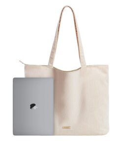 vandel corduroy tote bag for women and men with zipper and inner pockets. beige zipper tote bag, cute tote bag aesthetic