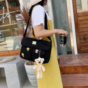 PRAGARI Canvas Crossbody Bag Messenger Cute Bag with Pins and Pendant for Women Girls Casual Shoulder Aesthetic School bag