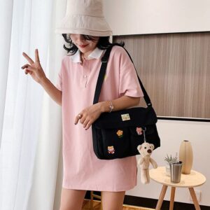 PRAGARI Canvas Crossbody Bag Messenger Cute Bag with Pins and Pendant for Women Girls Casual Shoulder Aesthetic School bag