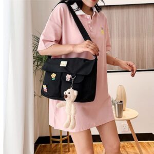 PRAGARI Canvas Crossbody Bag Messenger Cute Bag with Pins and Pendant for Women Girls Casual Shoulder Aesthetic School bag