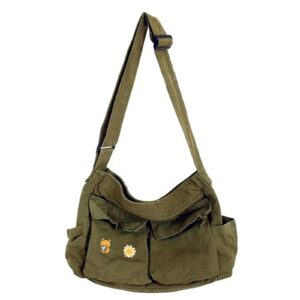 canvas messenger bag large hobo crossbody bags with multiple pockets,school vintage shoulder laptop bag for women and men-army green