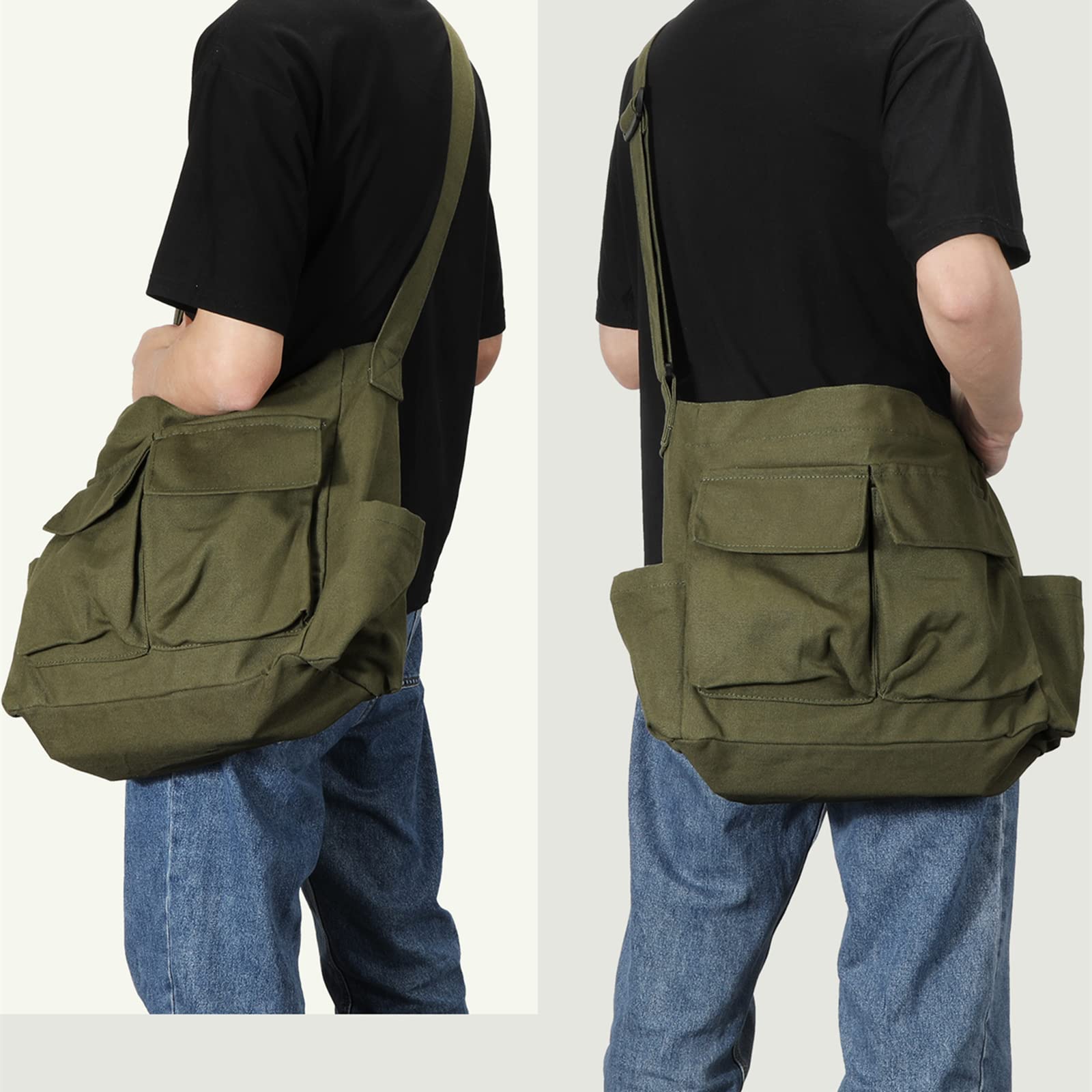 Canvas Messenger Bag Large Hobo Crossbody Bags with Multiple Pockets,School Vintage Shoulder Laptop Bag for Women and Men-Army Green