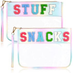 meetory 2 pcs chenille letter clear bags, snack zipper pouch multi-purpose transparent makeup bag clear stuff bag toiletry bag clear cosmetic bag for school, gym, beach