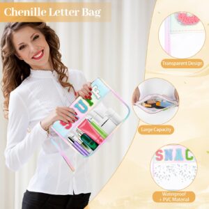 Meetory 2 Pcs Chenille Letter Clear Bags, Snack Zipper Pouch Multi-purpose Transparent Makeup Bag Clear Stuff Bag Toiletry Bag Clear Cosmetic Bag for School, Gym, Beach