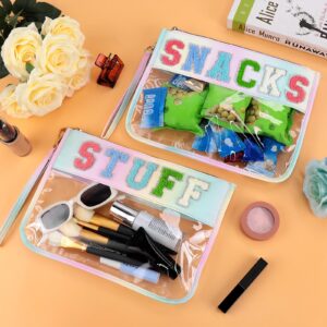 Meetory 2 Pcs Chenille Letter Clear Bags, Snack Zipper Pouch Multi-purpose Transparent Makeup Bag Clear Stuff Bag Toiletry Bag Clear Cosmetic Bag for School, Gym, Beach