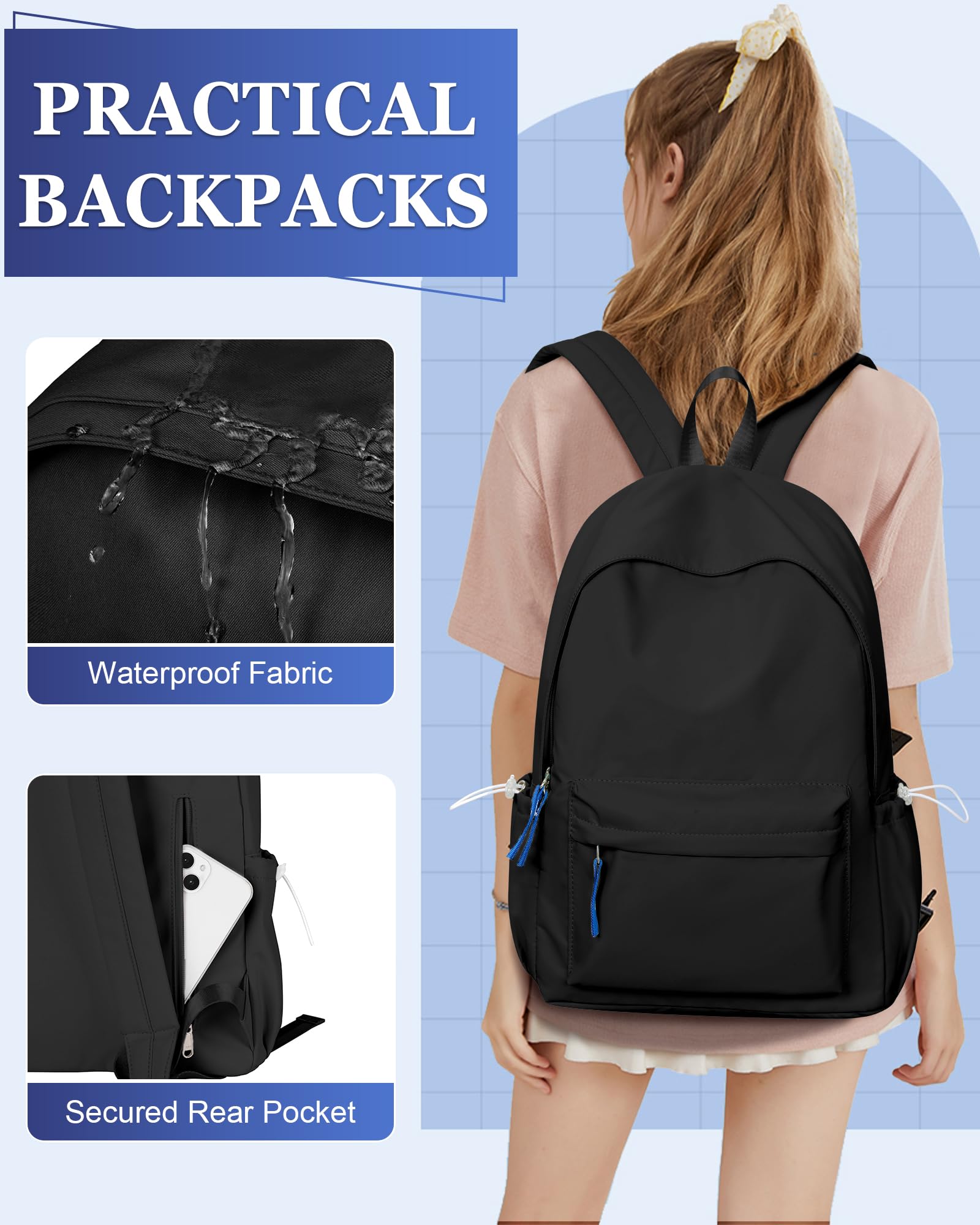 School Backpack for Teen Girls,Simple School Book Bag Waterproof High School Backpack for Boy Middle Student Bookbag College Backpack for Women Men Casual Daypack Travel Aesthetic Backpacks Black