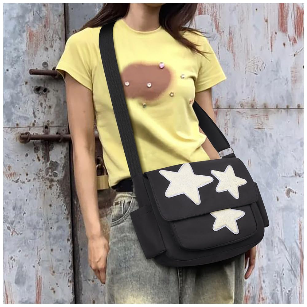 Cute Messenger Bag, Aestheatic Nylon Crossbody Bag Y2k Tote Bag, Star Shoulder Purse for Women Teen, Black