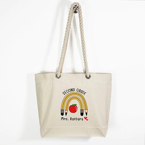 Personalized Second Grade Teacher Tote Bag, Gifts for 2nd Grade Teacher, First Day of at School Bag (Rope Bag : 25L 20"L x 15"H x 5"D 100% cotton, 26" rope handles)