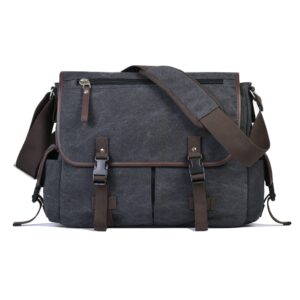 vintage canvas 15.6 inch laptop messenger bag for men women, college computer satchel shoulder bag travel work office briefcases (black)