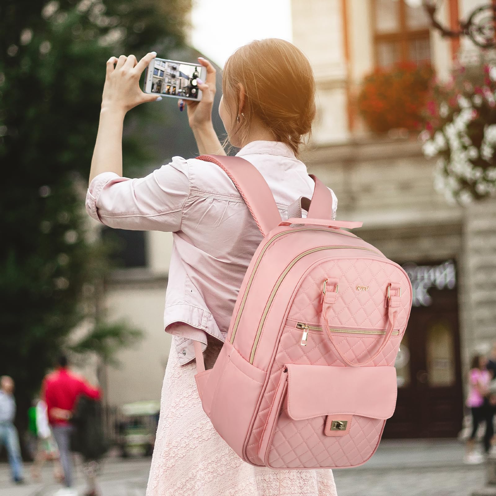 RJEU Backpack Boogbag for Women,Cute School Backpack for Teen Girls with Laptop Compartment,Quilted Stylish Computer Bag Big Book Bag for College Student Work,Pink