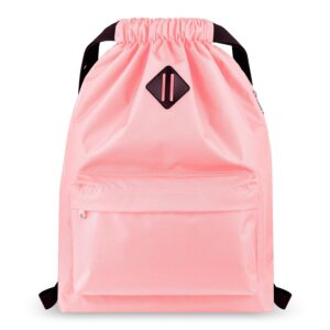 vorspack drawstring backpack water resistant string bag sports gym sack with side pocket for men women - pink