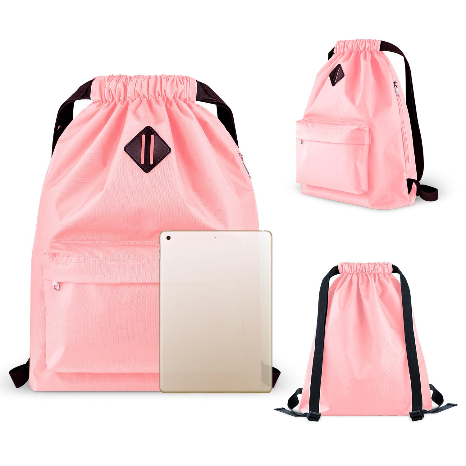 Vorspack Drawstring Backpack Water Resistant String Bag Sports Gym Sack with Side Pocket for Men Women - Pink