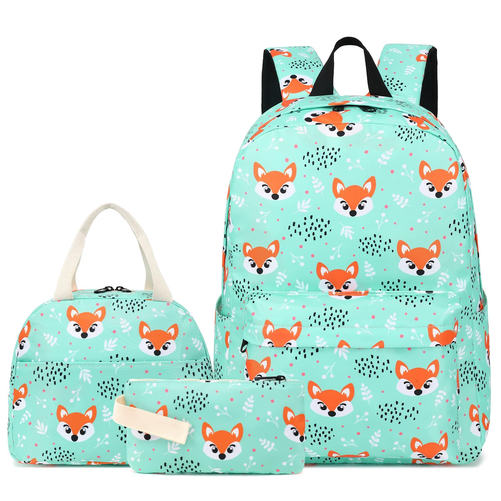 Fuyicat Fox School Backpack Set for Girls, 3-in-1 Kids Teens Elementary Middle School Bags Bookbag with Lunch Bag Pencil Case