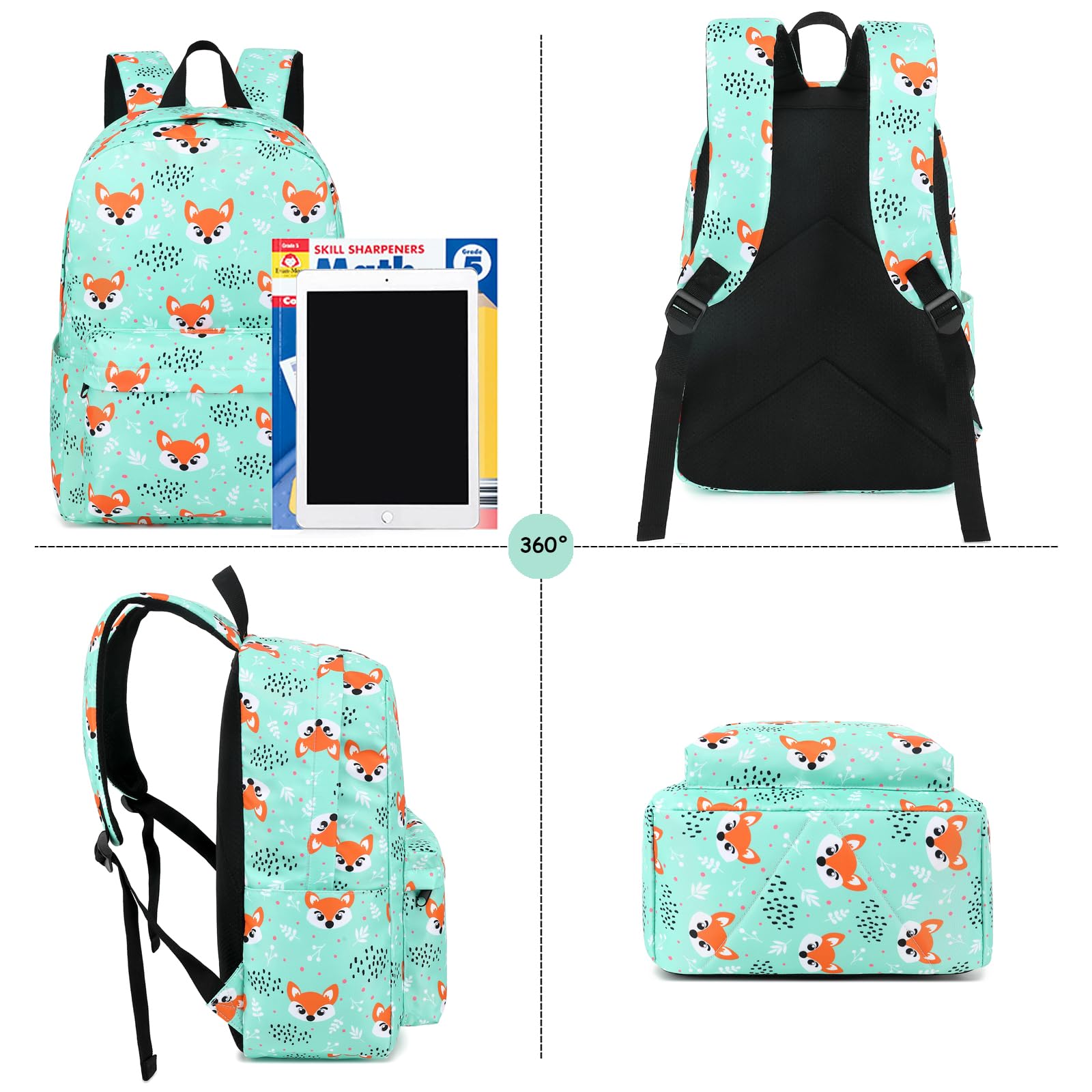 Fuyicat Fox School Backpack Set for Girls, 3-in-1 Kids Teens Elementary Middle School Bags Bookbag with Lunch Bag Pencil Case