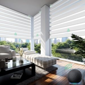 yoolax motorized zebra blinds works with alexa, motorized blinds with remote custom size, privacy electric blinds zebra blinds for windows (white matte)