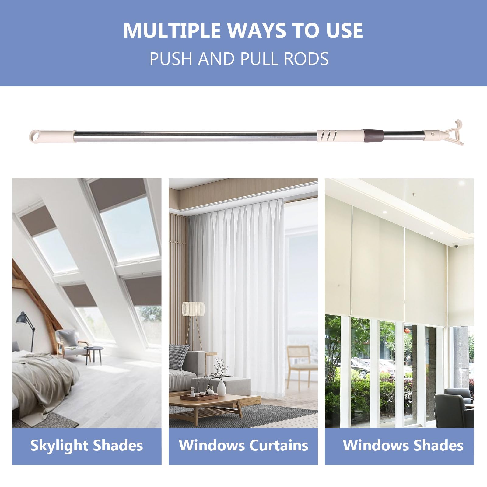 ZSTARR Tension Rod,Blinds Shads Push Pull Adjustable Drapery Rod with Hook for Skylight Cordless Window Blinds and Shades,Easy to Pull The Shades Down and Up (Push Pull Rod, 38"-63")