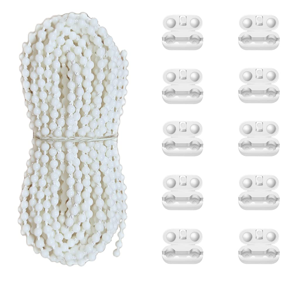 Antfly 10 Meters (32.8 Feet) Roller Blind Bead Chain Cord Roman Venetian Honeycomb Vertical Shade Blind Cord with 10 PCS Connectors for Roller Blind Replacement Parts White (Thickened Version)