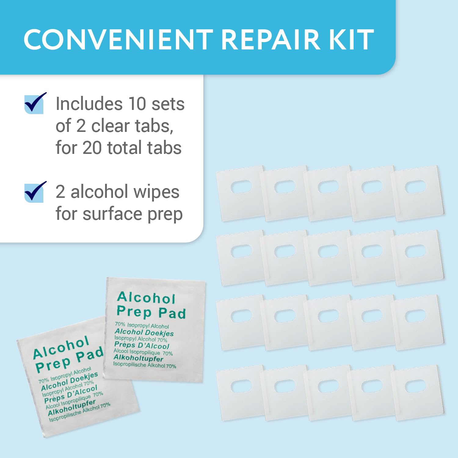 Impresa Clear Vertical Blind Repair Tabs - 20 Clear, Stick-On Tabs (10 Sets) with 2 Alcohol Wipes - Great for Sliding Door, Window, Patio Blinds - Simple Blind Fixing Solution