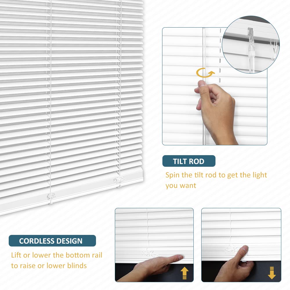 KCO Mini Blinds for Windows Cordless Horizontal Window Blinds and Shades, Vinyl Venetian Blinds Anti-UV Waterproof Light Adjustment Mini Blinds, 18" W x 64" L, White