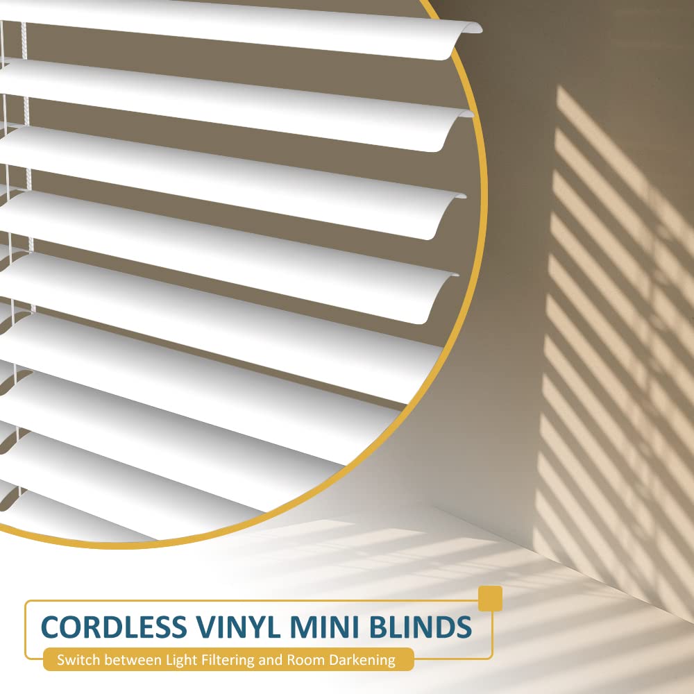 KCO Mini Blinds for Windows Cordless Horizontal Window Blinds and Shades, Vinyl Venetian Blinds Anti-UV Waterproof Light Adjustment Mini Blinds, 18" W x 64" L, White