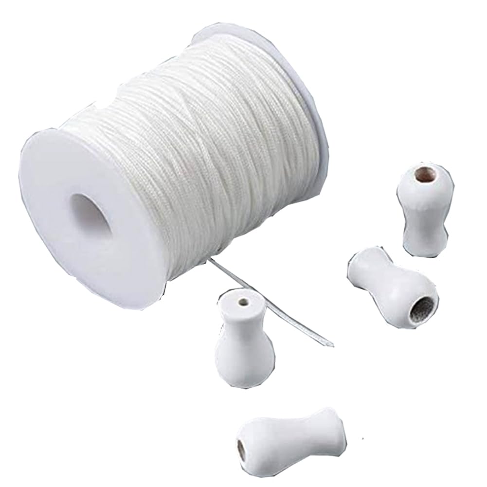 Blinds Cord String Window Wood Tassels/knobs,1.8mm White Braided Lift Shade Cord 50m with 4pcs White Wood Pendant for Aluminum Blind Shade Window Crafts