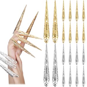 20 packs halloween finger nail claw rings ancient queen fingernail claw metal finger knuckle claw for halloween women cosplay costume drama dance show (gold, silver)