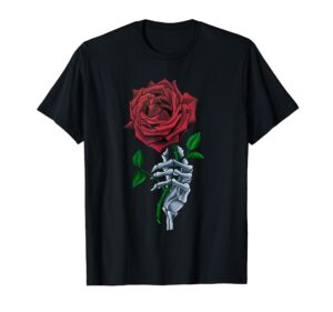 skeleton hand red rose flower t-shirt