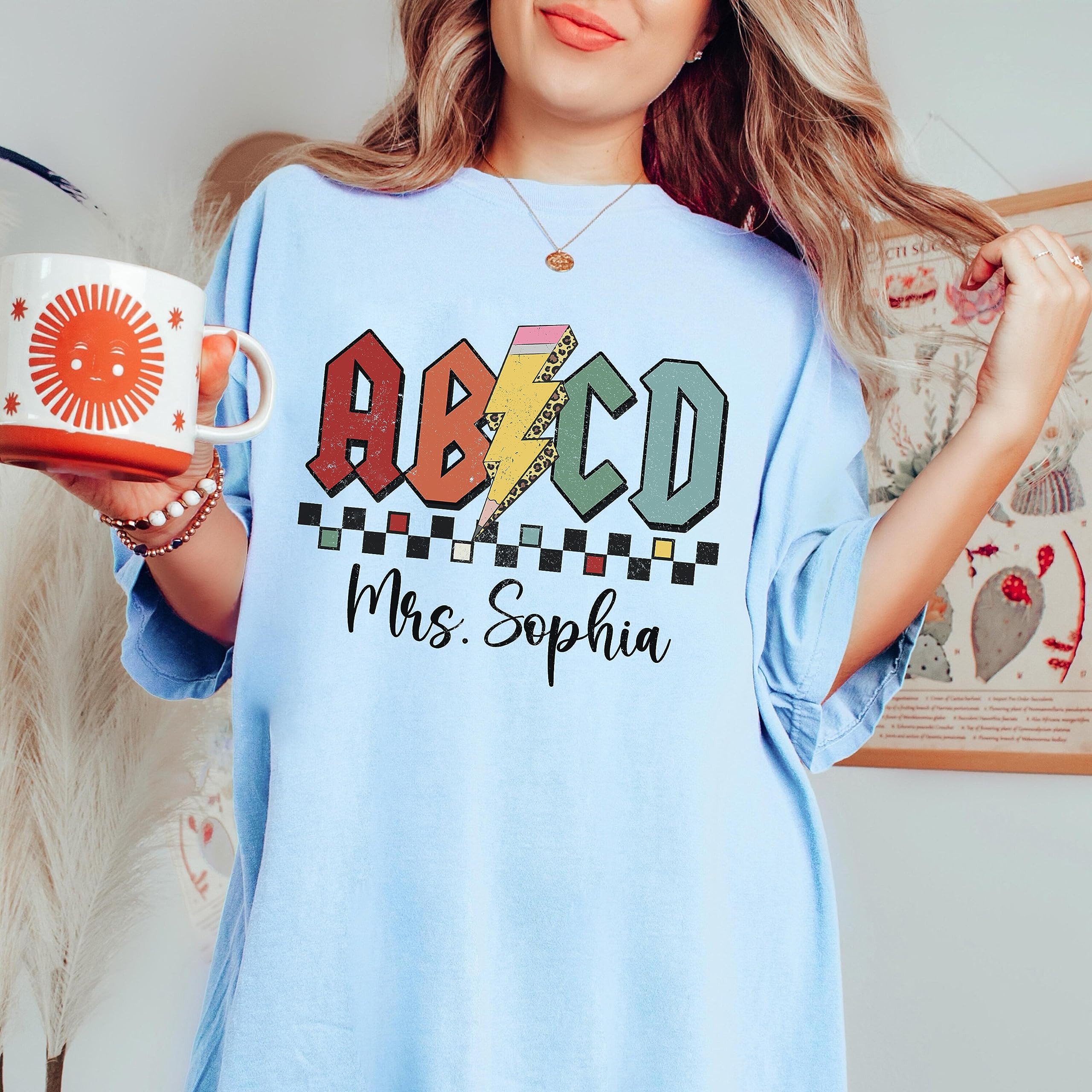 Personalized Rock ABCD Shirt - Retro Custom Teacher Name ABCD T-Shirt, Back to School Gift XL Ash