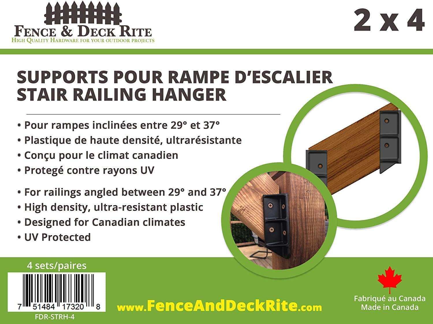 Fence & Deck Rite stair railing hangers, fits standard 2X 4 railings (actual 1 ½” x 3 ½”) Reinforced black polypropylene. 4 sets (8 pcs)