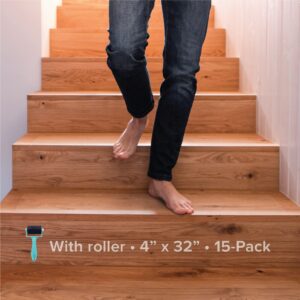 lifegrip stair treads non-slip (15pcs) with roller, anti slip transparent stair treads tape for indoor wooden step (4"x32"x15p-treads+roller)