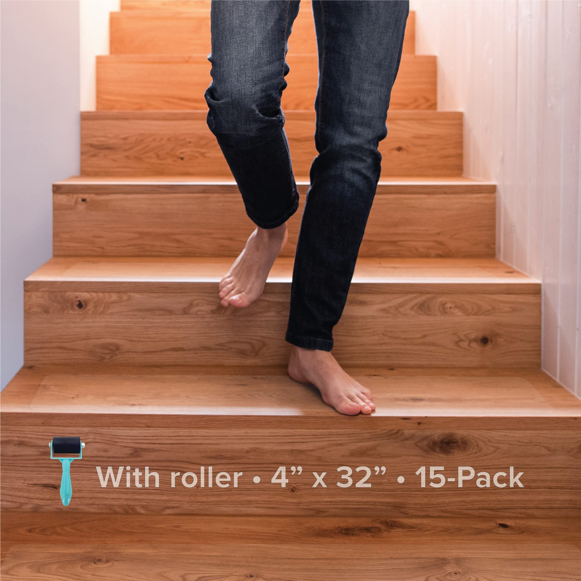 LifeGrip Stair Treads Non-Slip (15PCS) with Roller, Anti Slip Transparent Stair Treads Tape for Indoor Wooden Step (4"X32"X15P-Treads+Roller)