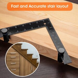 Stair Gauges for Framing Square, Tall Stair Gauges, Aluminum Stair Stringer Layout Tool, Non Slip Framing Square Stops with Holder Stair Stringer Tool for Circular Saw Rip Guide(Black)