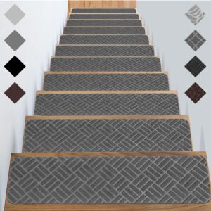 stair treads for wooden steps - self adhesive indoor stair runner rugs cover mat, 8"x30", non slip stairs carpet tape peel and stick with double adhesive tape set of 15