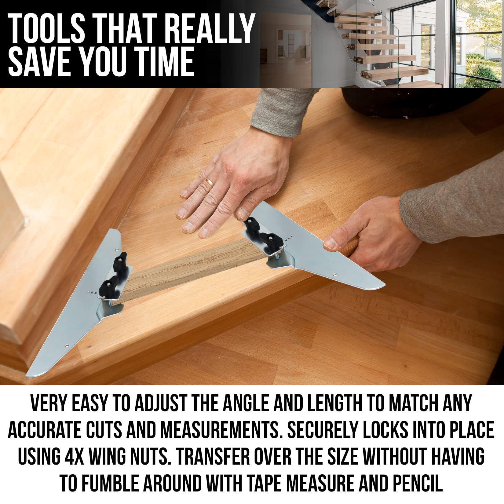 Professional Stair Tread Tool with Accurate Angle Measurement for DIY Template and Installation Layouts, Heavy-Duty Stringer, Riser, and Clamp Gages, Supports Shelving Installs