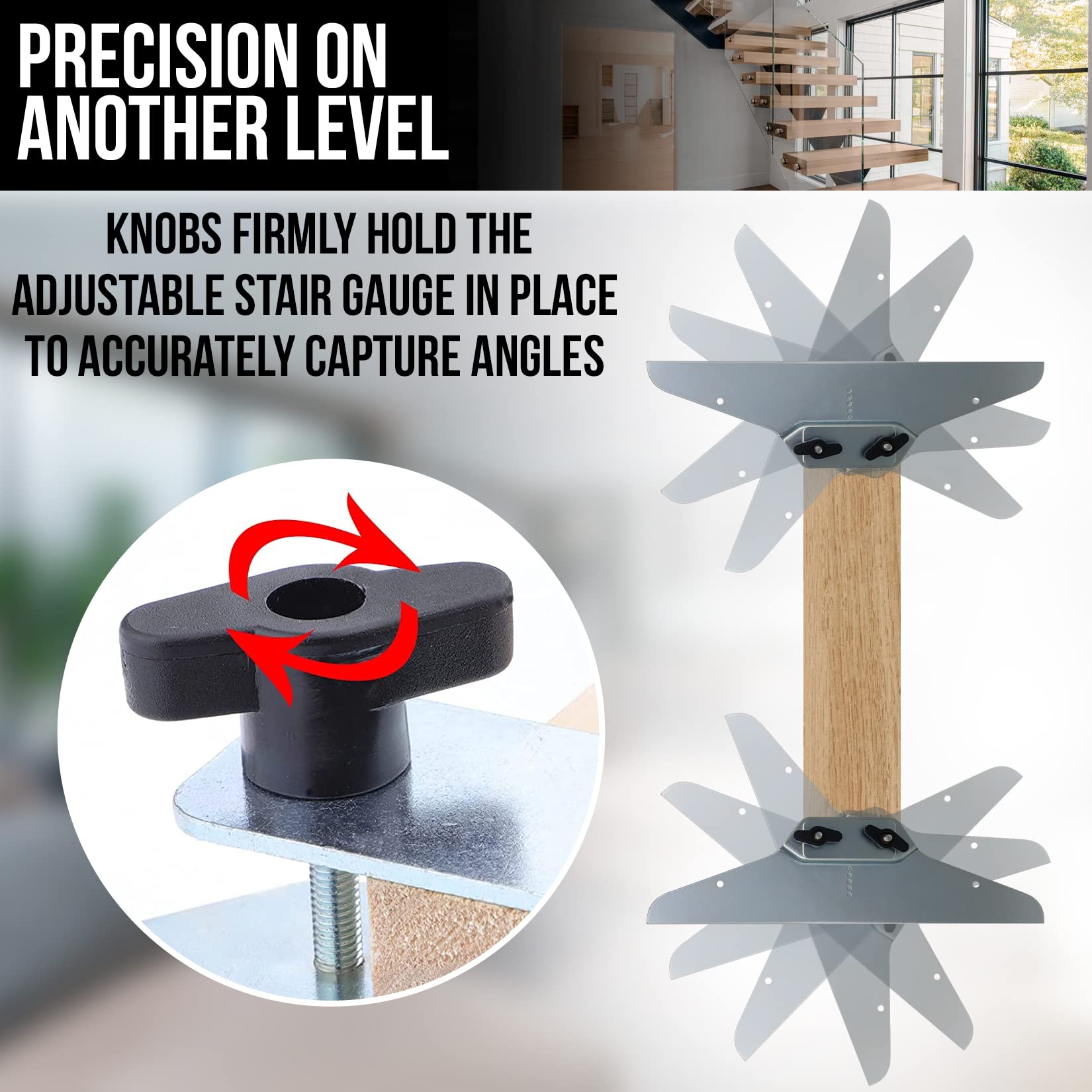 Professional Stair Tread Tool with Accurate Angle Measurement for DIY Template and Installation Layouts, Heavy-Duty Stringer, Riser, and Clamp Gages, Supports Shelving Installs