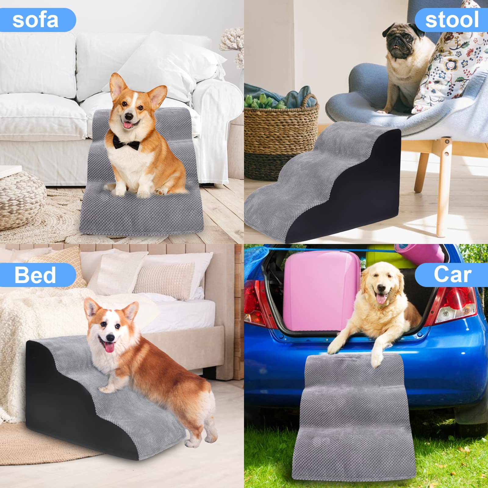 Dog Stairs for Small Dogs,3 Steps Cat Steps for High Bed or Couch,Non-Slip Dog Ramp with Removable Washable Cover,15.74’’ High,for Small Pets, Older Dogs, Cats with Joint Pain