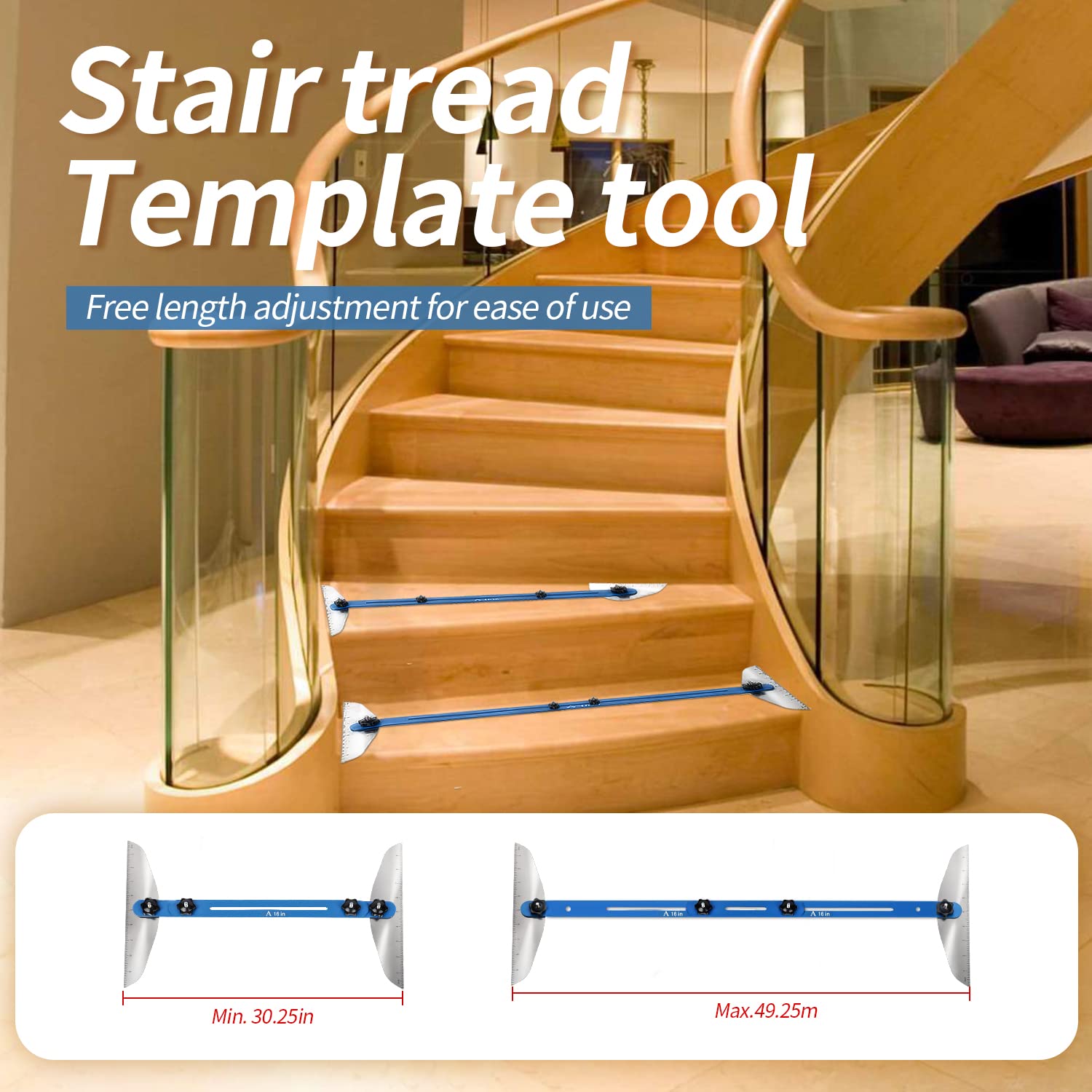 Wondgo Stair Tread Gauge Template Tool - Solid Metal Stair Fixture for Precise Angle and Length Measurement, Suitable for Stairs, Risers, Shelves, and Shelf Marking Tools for Cutting Dry Walls (Blue).