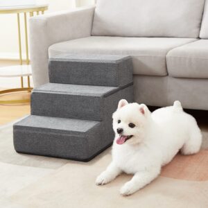 dog stairs & steps for small dogs cats, pawque pet steps for high bed couch, shock absorbing foam with high-strength boards for pet safe, non-slip removable washable cover, 3-step (13.5'' high)