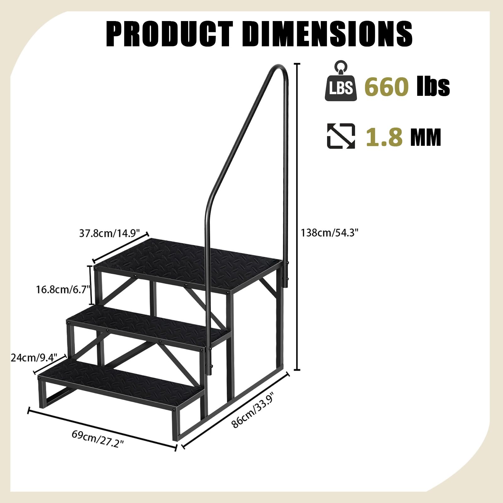 Step Ladder, Step Stool with Handle, Heavy Duty Pool Ladder Above Ground 660Lbs, Camper Steps Outdoor Steps RV Stairs for Reaching High, Portable Home Stairs for Travel Trailer (3 Step, Single Handle)