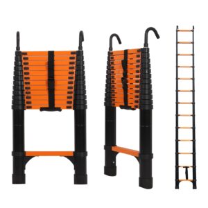 telescoping ladder 12.5 ft with 2 detachable roof hooks aluminum telescopic extension ladder with 2 triangle stabilizers, multi-purpose collapsible ladder for household and outdoor working