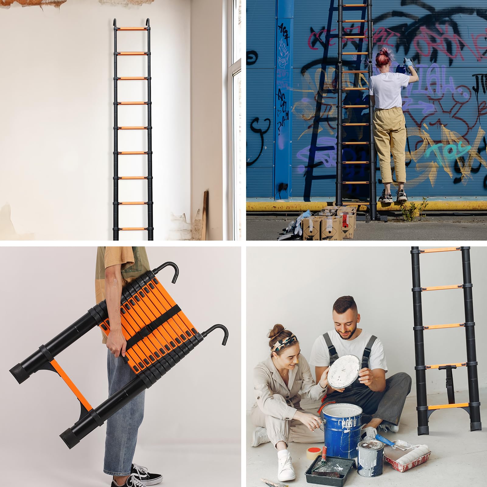 Telescoping Ladder 12.5 FT with 2 Detachable Roof Hooks Aluminum Telescopic Extension Ladder with 2 Triangle Stabilizers, Multi-Purpose Collapsible Ladder for Household and Outdoor Working