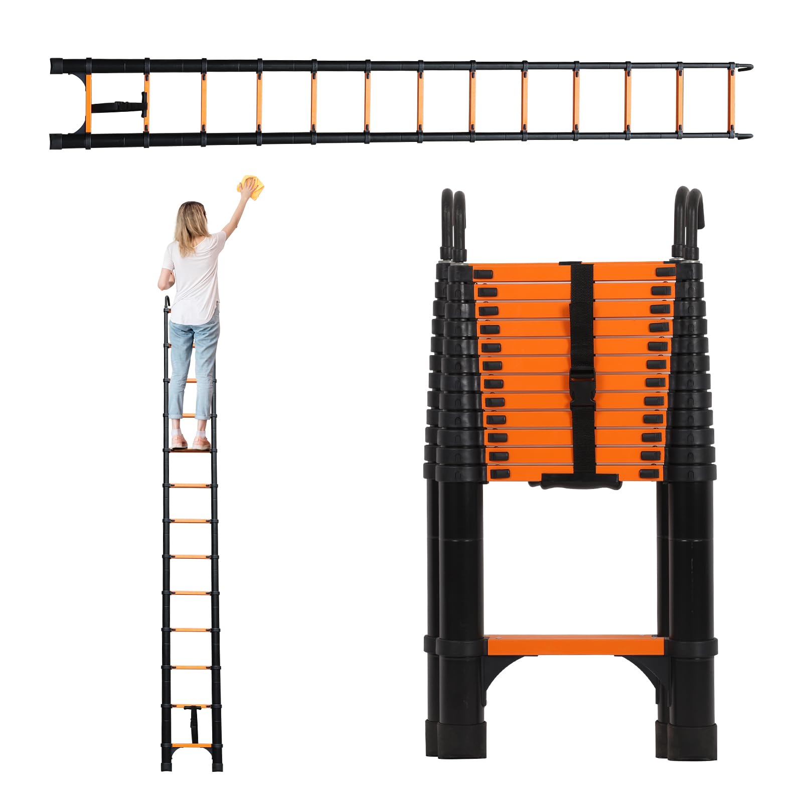 Telescoping Ladder 12.5 FT with 2 Detachable Roof Hooks Aluminum Telescopic Extension Ladder with 2 Triangle Stabilizers, Multi-Purpose Collapsible Ladder for Household and Outdoor Working