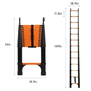 Telescoping Ladder 12.5 FT with 2 Detachable Roof Hooks Aluminum Telescopic Extension Ladder with 2 Triangle Stabilizers, Multi-Purpose Collapsible Ladder for Household and Outdoor Working