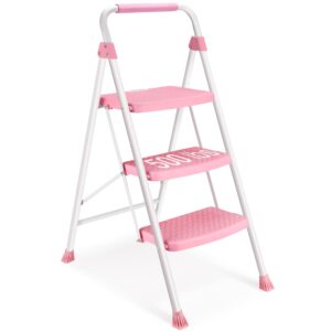 soctone 3 step ladder, folding step stool with handle, wide anti-slip pedal, lightweight, multi-use for household and office, 500lbs capacity sturdy steel ladder, pink